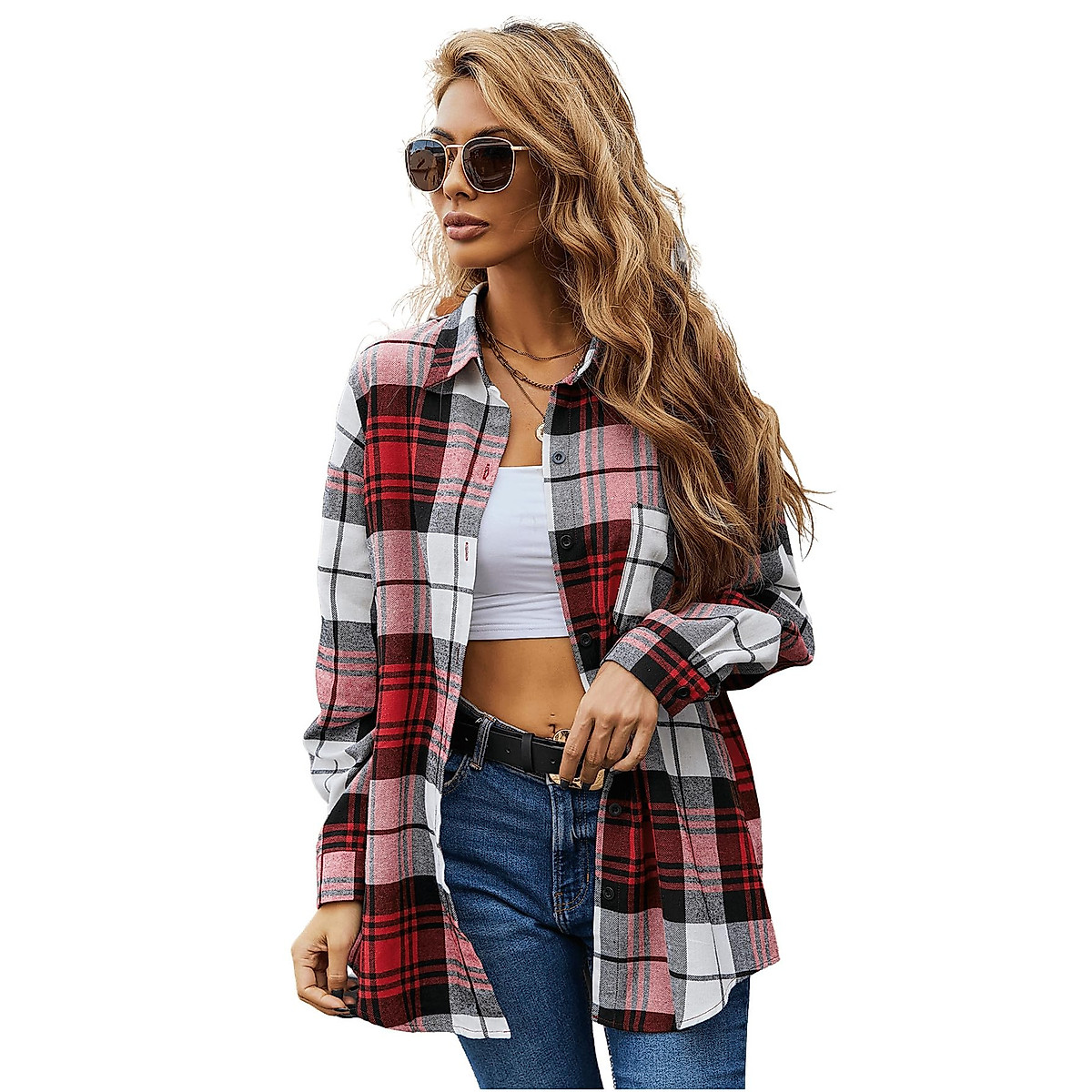 Floerns Women's Casual Plaid Long Sleeve Button Front Collar Blouses Shirts Top Red Black XS