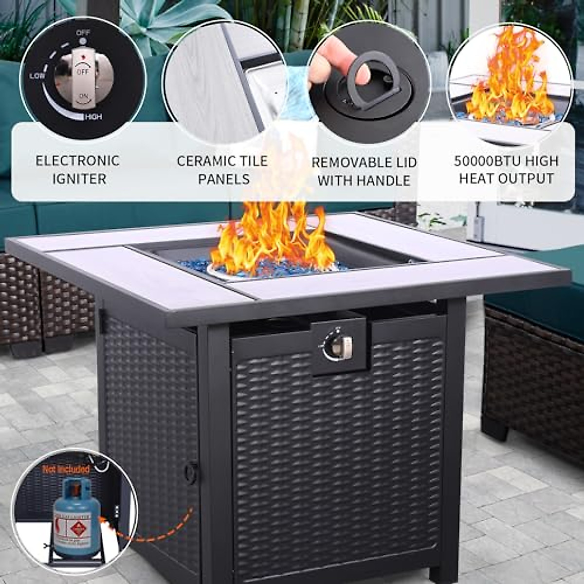 Outdoor Patio Dark Brown Rattan 7 Piece Sectional Furniture Set PE Wicker Conversation Sofa with Gas Fire Pit Square Steel Table and Non-Slip 5" Thick Peacock Blue Cushion