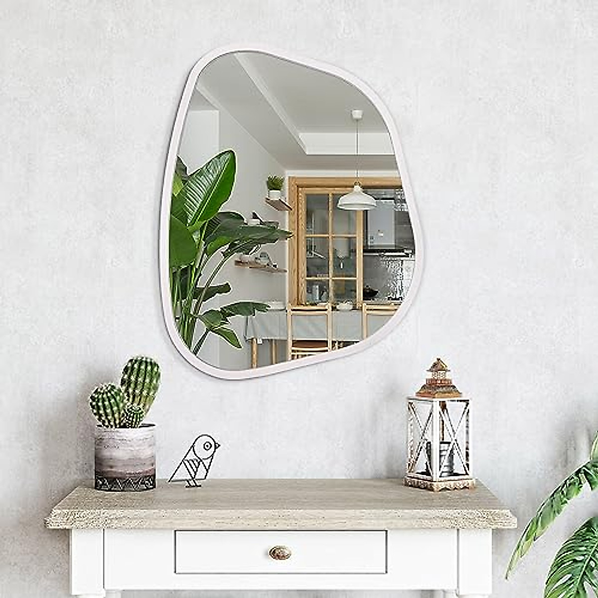 Irregular Oval Wall Mirror Large White 20"x16" Inches Asymmetrical Mirror Modern Wood Frame Unique Shape Wall Mounted Vanity Artistic Mirror Decor for Living Room Bedroom Bathroom Entryway Hallway