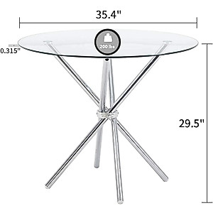 Modern Round Dining Table with Clear Tempered Glass Top, 4 Chrome Legs Kitchen Table for 2 or 4 Person,Round Dining Table Furniture for Home Office Kitchen Dining Room(W 35.4 x L 35.4 x H 29.5 inch)