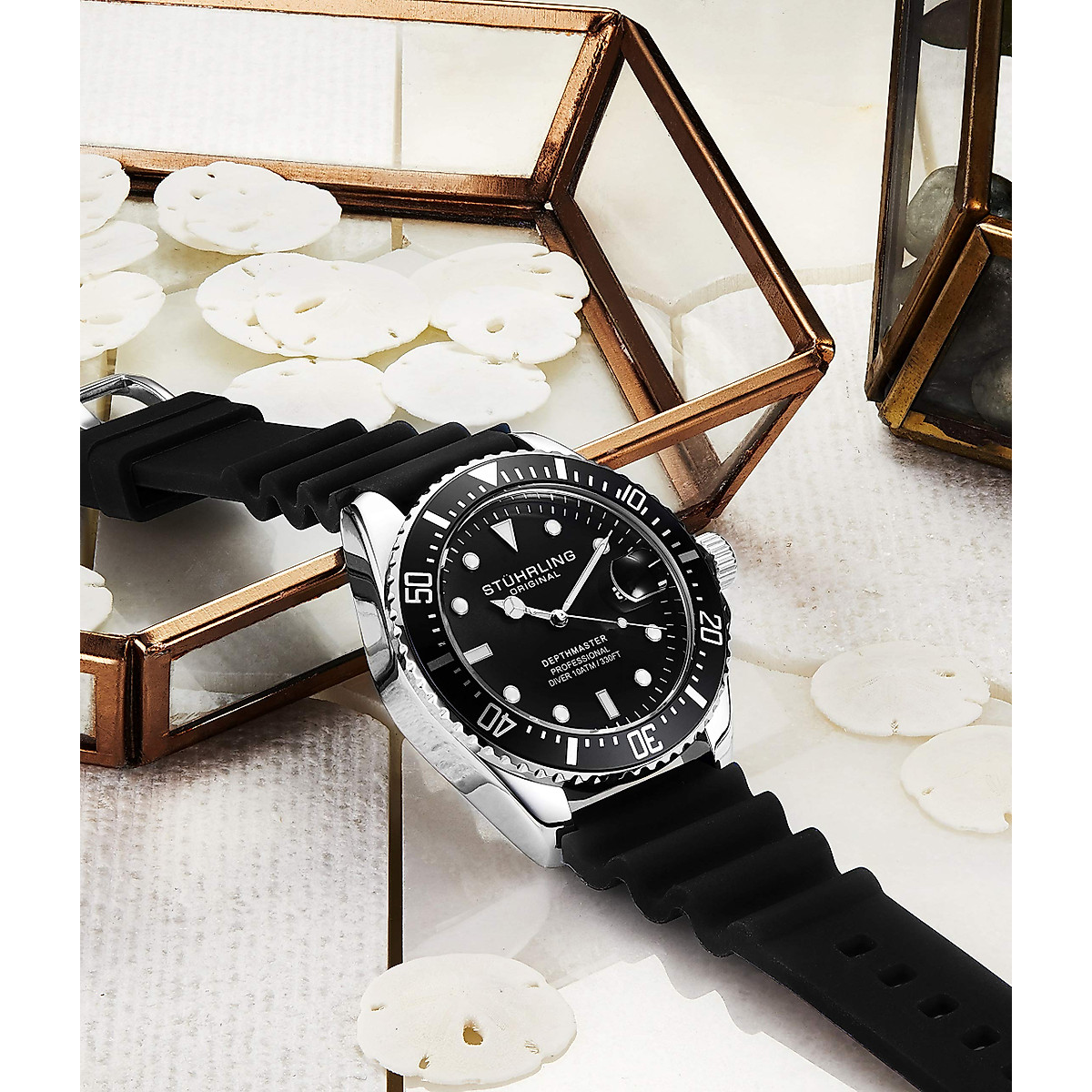 Stuhrling Original Men's Watch Dive Watch Silver 42 MM Case with Screw Down Crown Rubber Strap Water Resistant to 330 FT (Black)