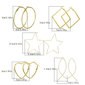 AIDSOTOU 10 Pairs Geometric Big Hoop Earrings 50mm-60mm Large Stainless Steel Square Star Heart Shaped Hoop Earrings for Women (Gold Silver)