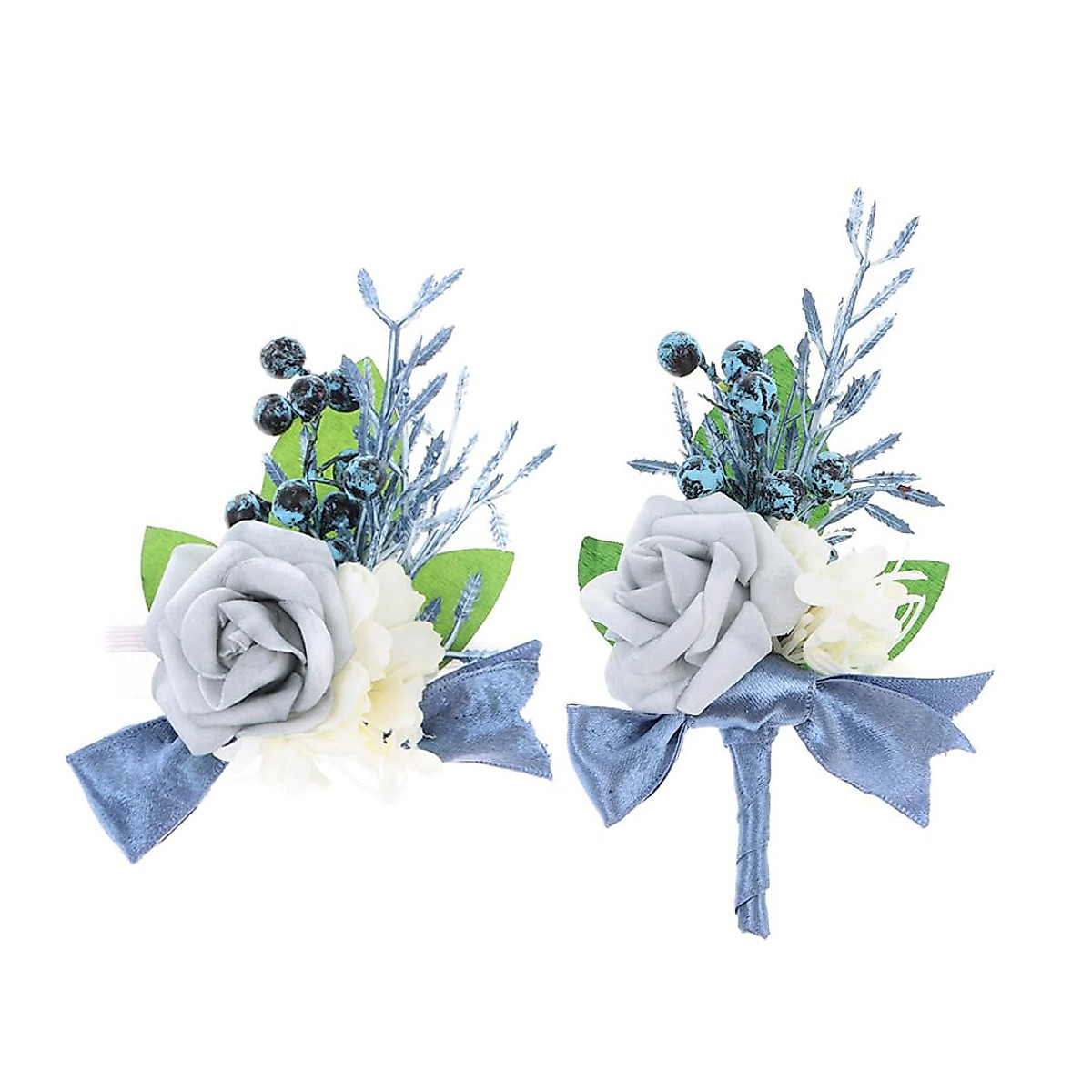 hobbyme 2Pcs Rose Wrist Corsage Wristlet, Blue White Pink Corsage and Boutonniere Set, Artificial Flower Wrist Corsage with Ribbon