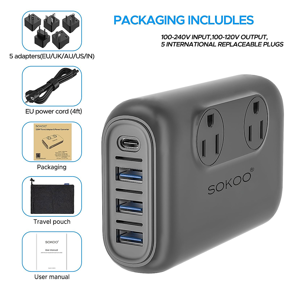SOKOO International Power Adapter 220v to 110v Converter, Voltage Converter US to Europe with 3 USB A and 1 USB C Step Down Power Converter Adapter Combo for Curling Irons and Hair Straighteners