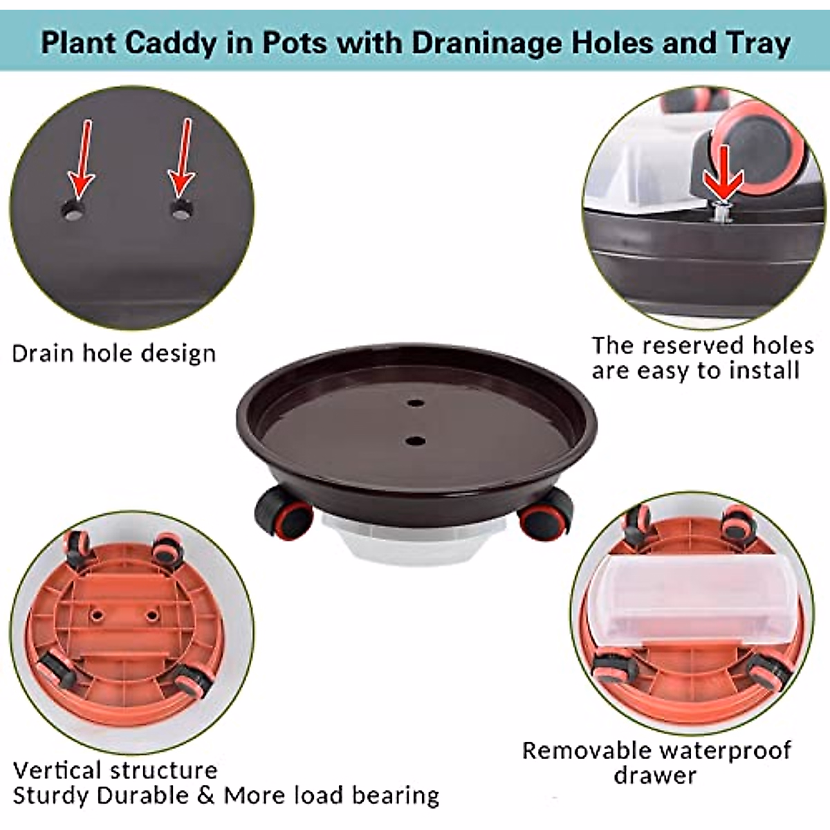 GROW-GREEN 2-Pack Wheel Caddy Tray Plant Pots Stand 30cm with Moving Wheels (Coffee)