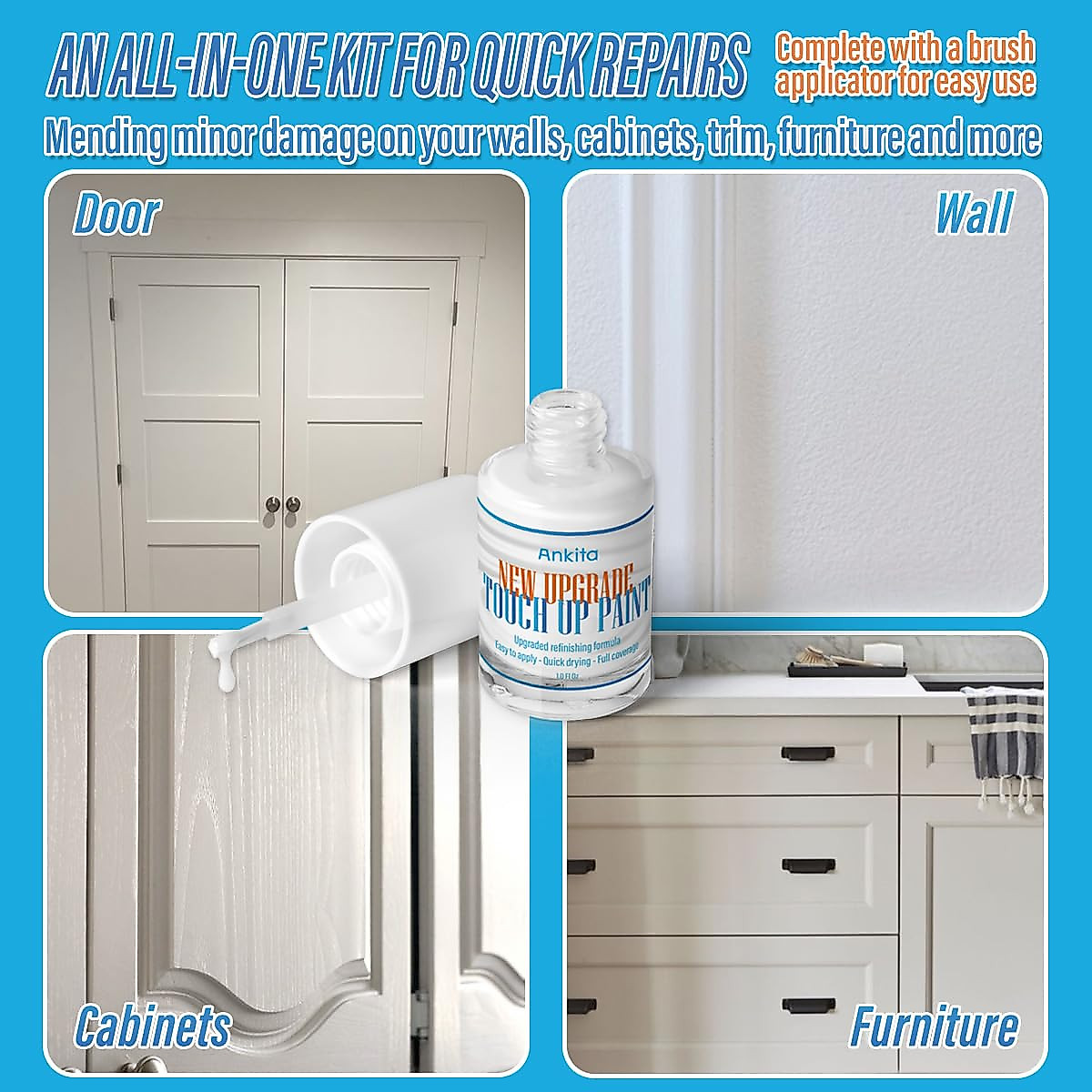 Ankita White Touch Up Paint for Walls, Wood, Interior and Exterior Satin Enamel Paint, Quickly Repairs House Minor Chips, Cracks, Scratches and Spots, For Walls, Wood, Cabinet, Baseboard, Doors, Trim, Furniture, Corner, Egg Shell and Small Can.(Perfect Wh
