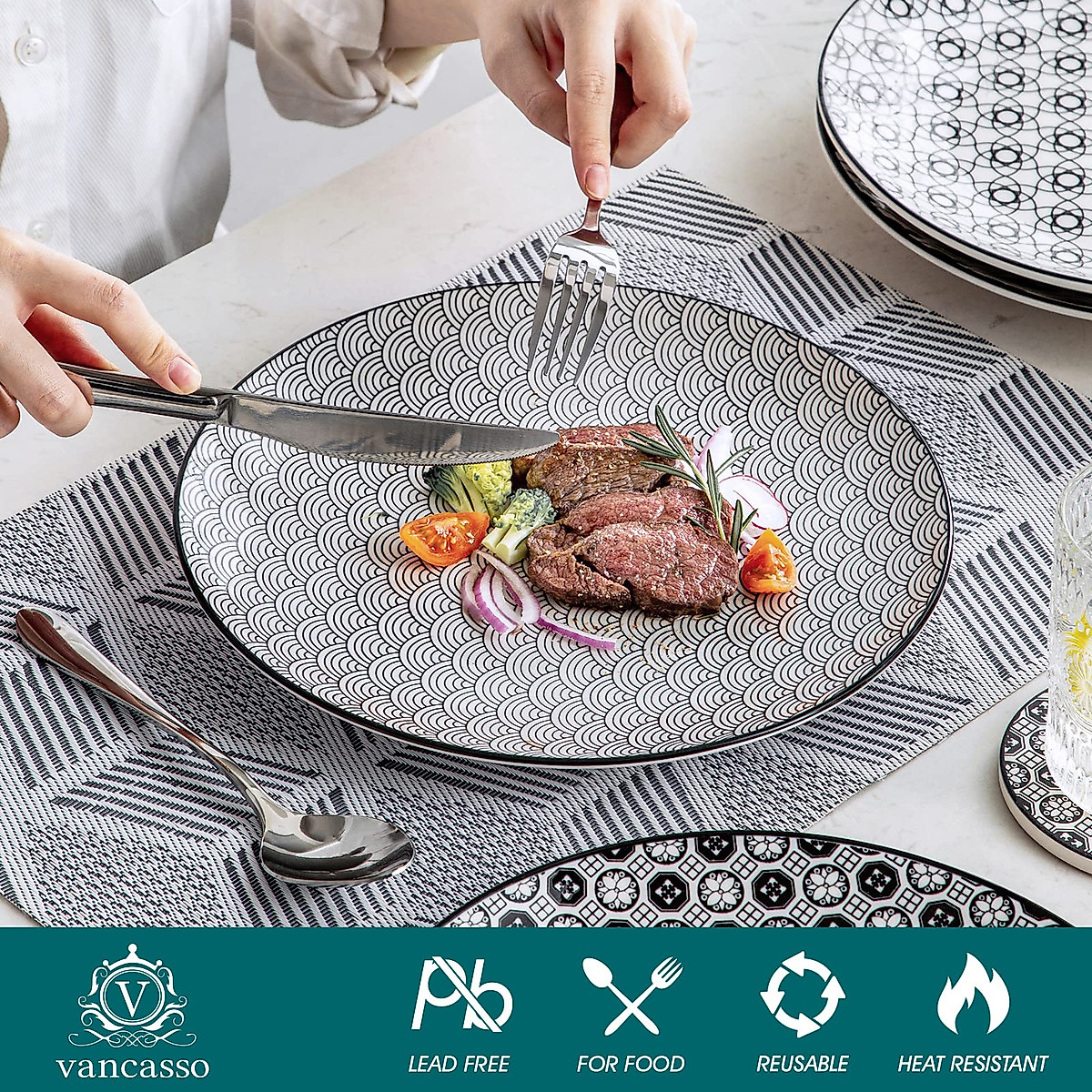 vancasso Haruka Ceramic Dinner Plates 10 Inch, Round Salad Plates Fit Steak Fruit Pasta Pancake, Microwave, Oven, Freezer and Dishwasher Safe, Set of 4, Japanese Plates Black and White