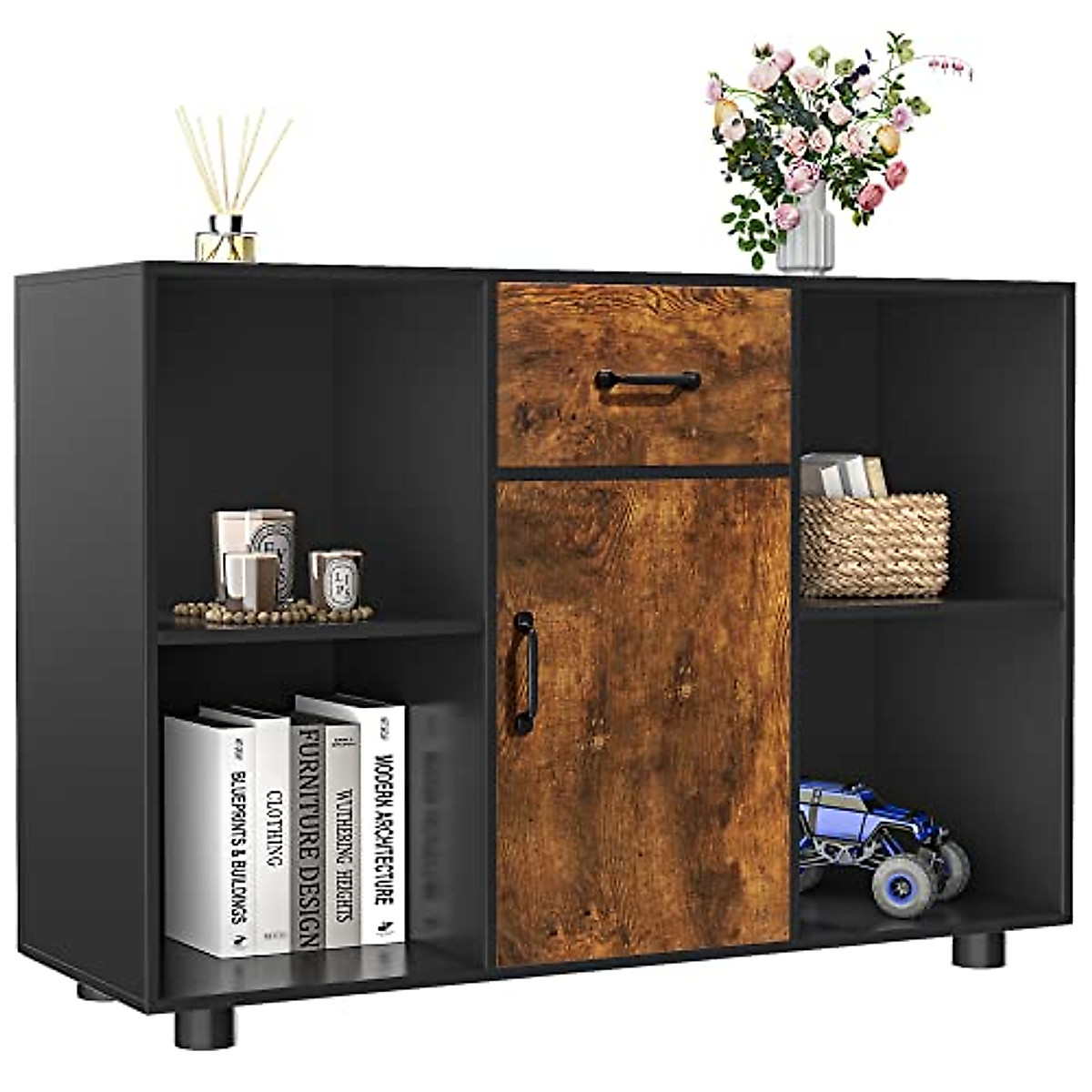 JUMMICO Storage Cabinet with Doors and Shelves Floor Cabinet Sideboard with Solid Wood Top Accent Cabinet for Living Room, Dining Room and Hallway