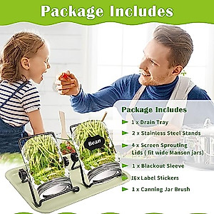 Sprouting Kit, Sprouts Growing Kit with 4 Screen Sprout Lids, 2 Stands, Tray, Blackout Sleeve, Stickers and Brush for Bean, Broccoli, Alfalfa Sprouts (No Manson Jar)