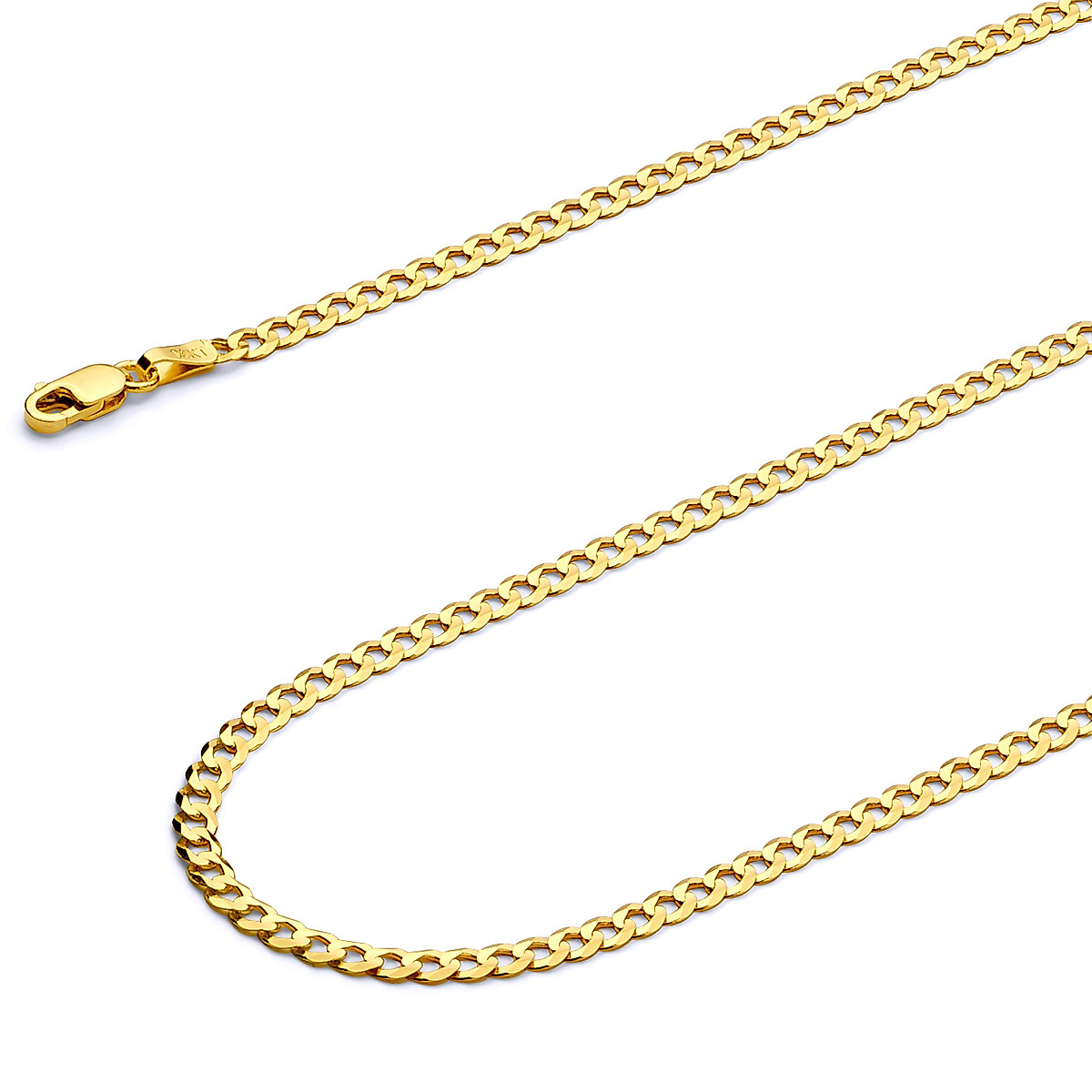 14k REAL Yellow Gold Solid 3mm Cuban Concave Curb Chain Bracelet with Lobster Claw Clasp - 7"