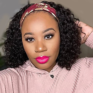 Glueless HeadBand Wig Curly Human Hair Wig None Lace Front Wigs for Black Women Deep Wave Machine Made Wigs Natural Color 180% Density (12inch)