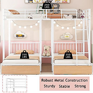 Metal Triple Bunk Bed Full Over Twin & Twin, Full Over Twin & Twin Bunk Bed with Storage Drawers, 3 Bunk Beds/Convertible Into 3 Beds, Metal Triple Bunk Beds for Kids,Teens, Girls(White)