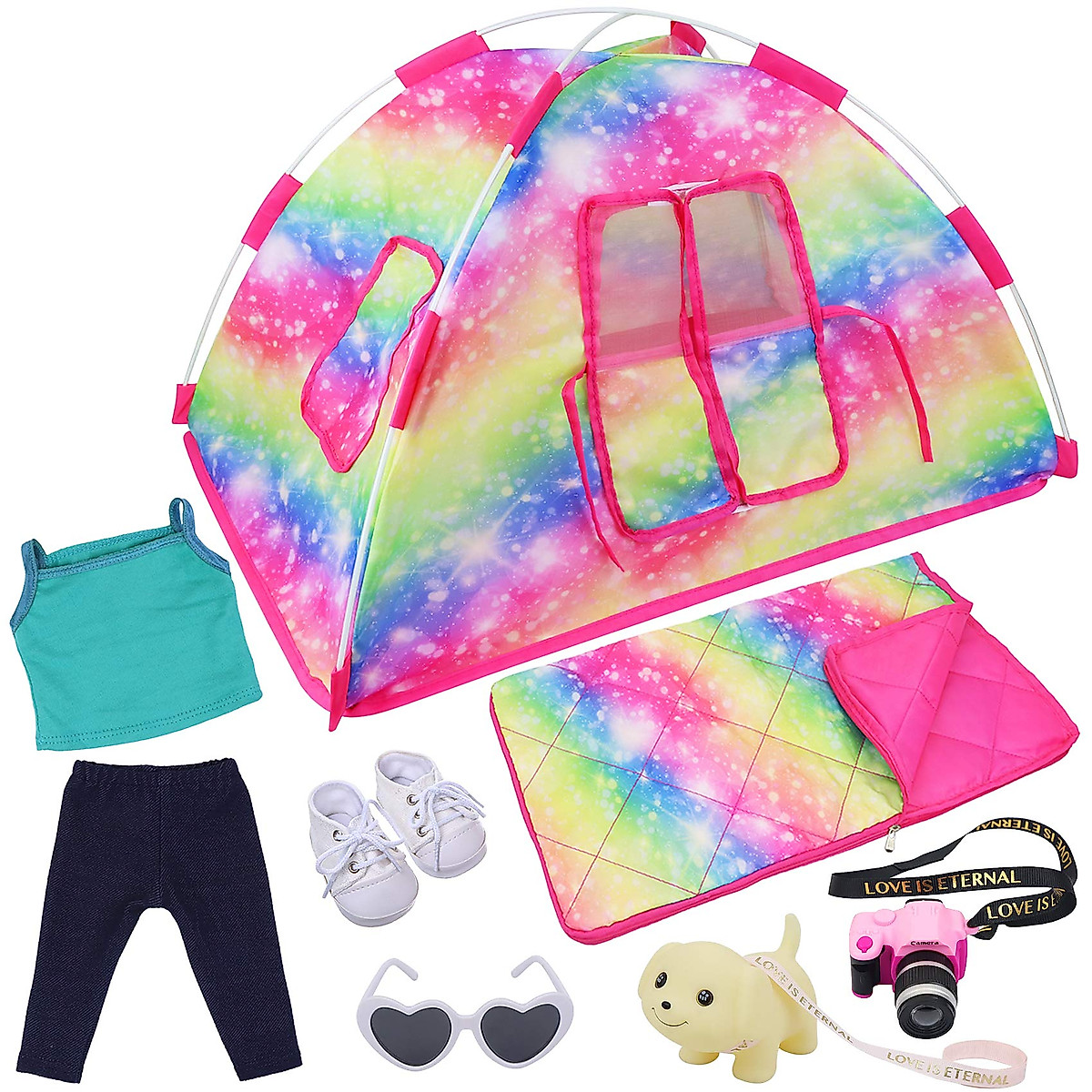ZITA ELEMENT 7 Items Fashion Doll Camping Tent Set for 18 Inch Girl Doll Accessories - Including 18 Inch Doll Camping Tent, Sleeping Bag, Clothes Set, Shoes, Camera, EYE Glasses and Toy Dog