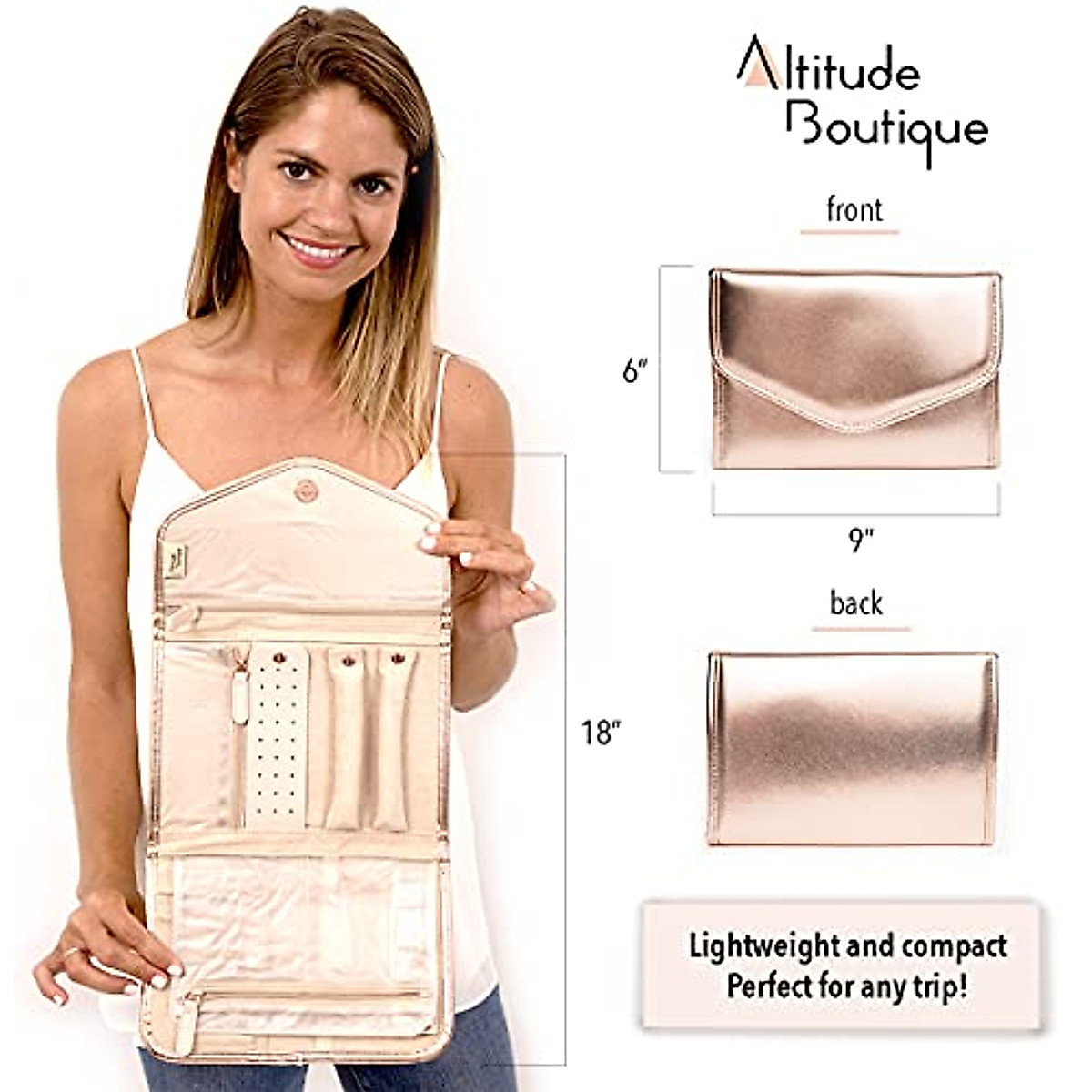 Altitude Boutique Travel Jewelry Organizer Roll Foldable Jewelry Case for Journey Packing Vacation-Rings, Necklaces, Bracelets, Earrings (Rose Gold, Medium)