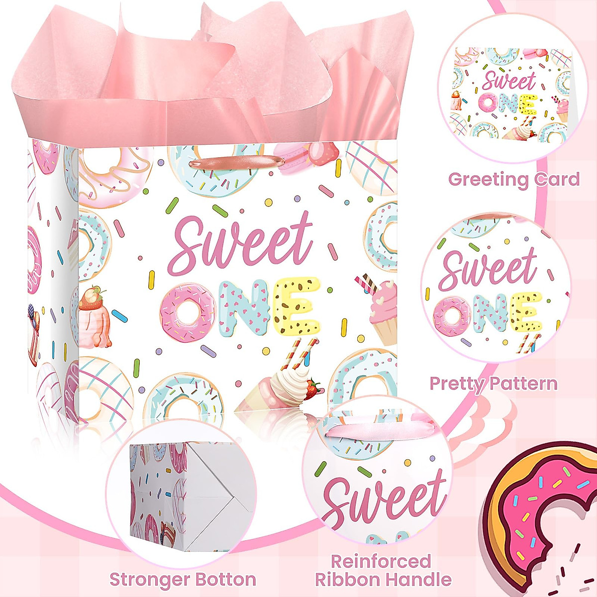 Wayyogh Sweet One Gift Bag 1st Birthday Wrap Bag for Girls First Birthday Wrapping Paper Bag with Greeting Card Tissue Paper for Donuts One Year Old Girl Ice Cream Candy Baby Shower Party Supplies