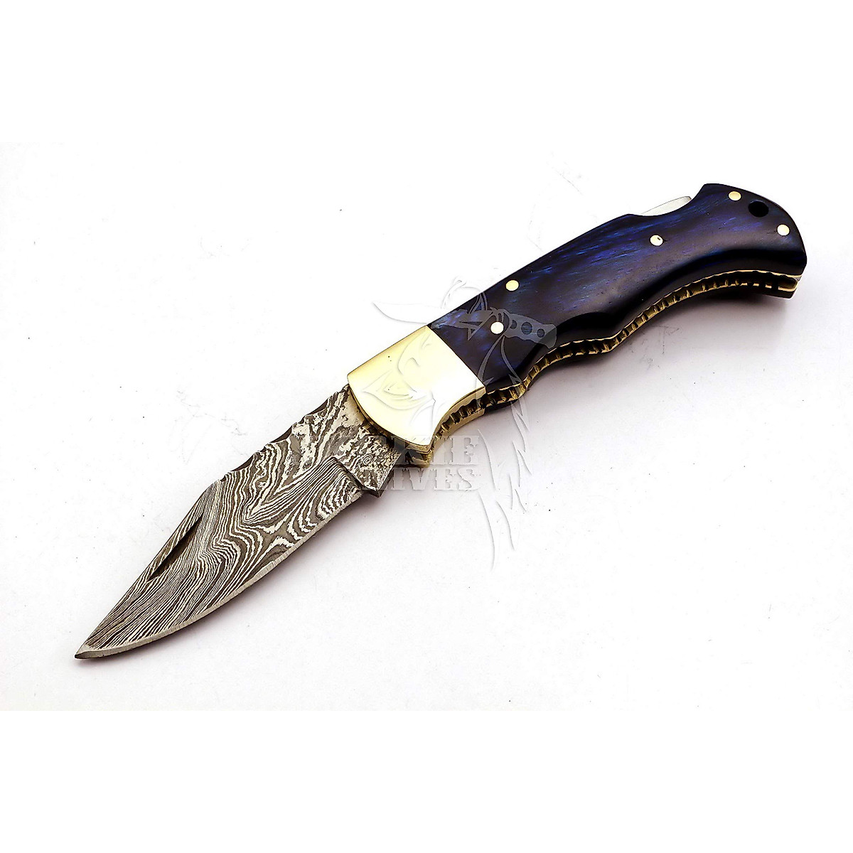 Skokie Knives Custom Hand Made Damascus Steel Hunting Folding Knife Handle Pakka Wood