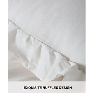 NTBAY Linen 3 Pieces Duvet Cover Set Solid Color with Exquisite Ruffles Design, Breathable, Queen Size, Ivory