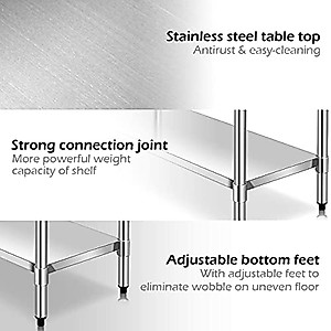 Giantex 36 x 24 Inches Stainless Steel Work Table, Commercial Kitchen Prep Work Table with Galvanized Shelf, Adjustable Plastic Feet, Heavy Duty Work Prep Table for Kitchen, Restaurant