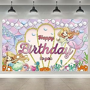 Mermaid Theme Happy Birthday Decorations Backdrop, Mermaid Birthday Backdrop Sign, Happy Birthday Banner, Photo Background for Girls, Birthday Party Supplies 70.8 x 43.3 inches