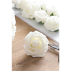 Ling's Moment Artificial Flowers Ivory Foam Fake Roses with Stems 25pcs for DIY Wedding Bridal Shower Centerpieces Tables Decorations Party