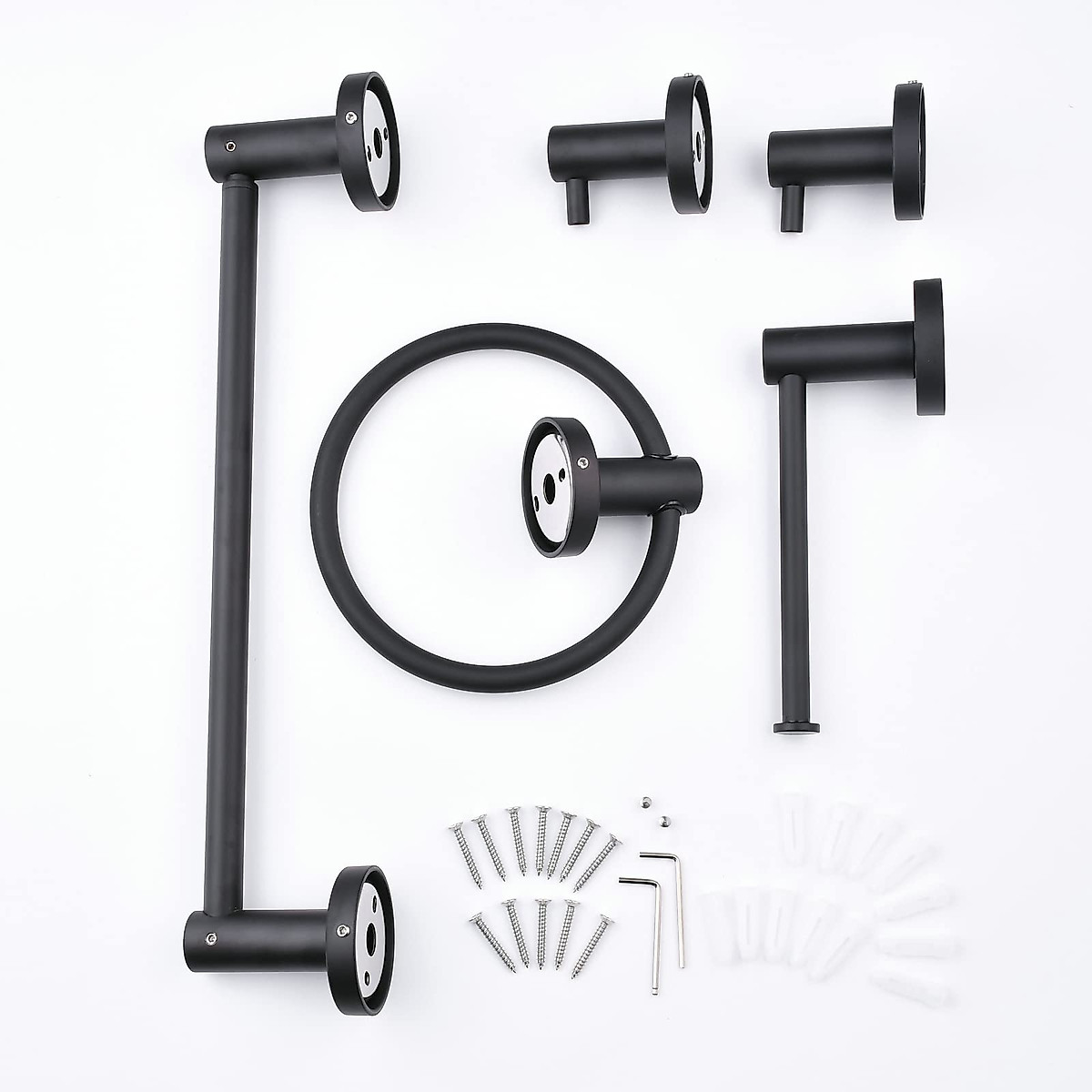 SHUNLI 5-Piece Bathroom Hardware Accessories Set Matte Black (Towel Bar Adjustable 16” to 26”, Toilet Paper Holder, Towel Ring, 2 PCS Towel Hook) Wall Mounted, SUS304 Stainless Steel