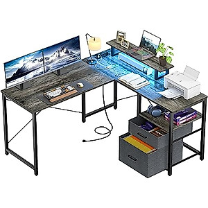 Homieasy L Shaped Computer Desk with Storage File Drawer, Reversible Home Office Desk with Recessed Power Strip and Led Strip, Corner Gaming Desk Work Study Table with Monitor Stand, Black Oak
