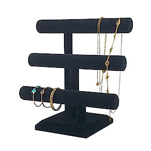 7TH VELVET 3 Tier Bracelet Holder,Bracelet Display Stand, Bracelet Organizer, Black Velvet T-Bar Table Top Jewelry Holder, Thin Roll
