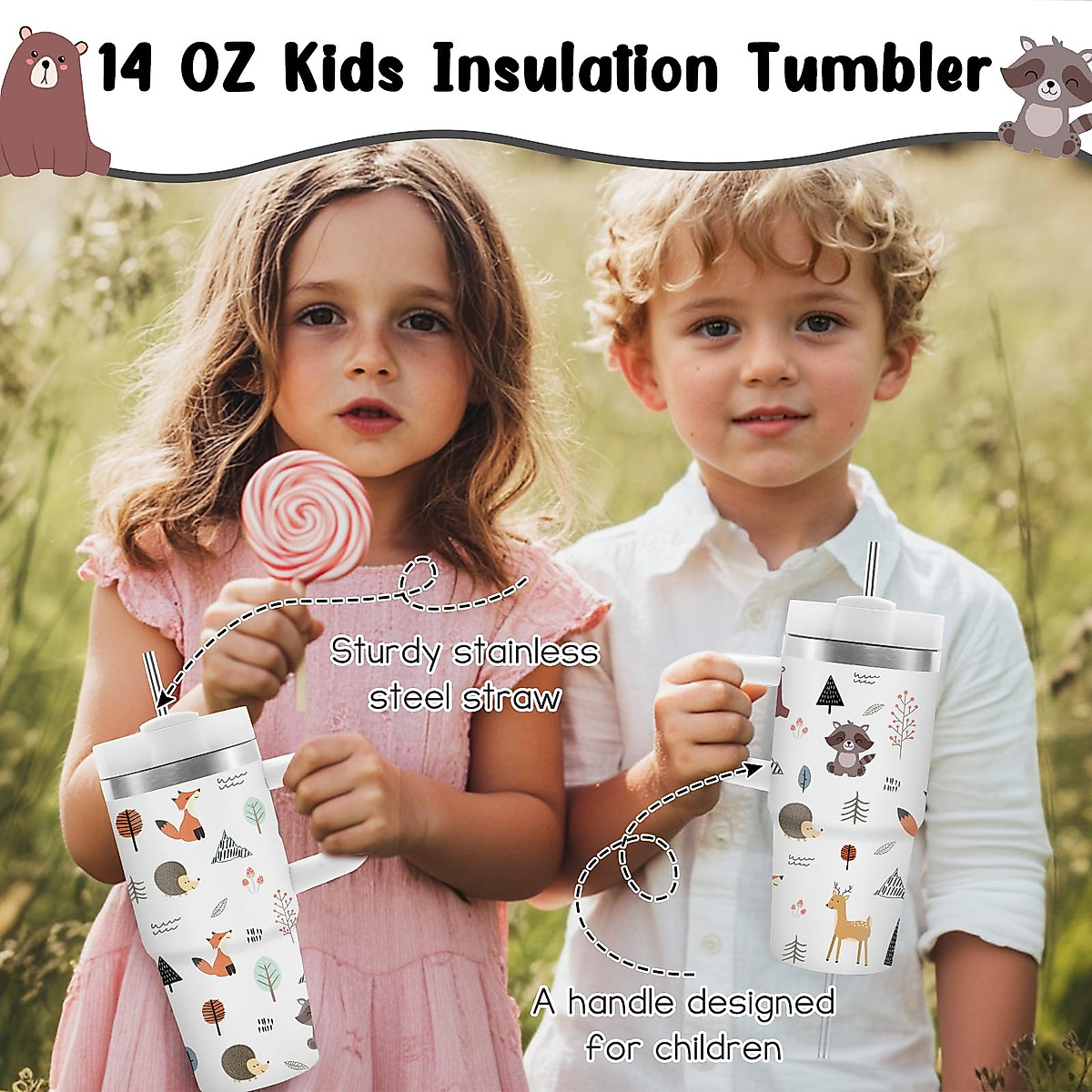 Raccoon Gifts, 14 Oz Fox Tumbler with Handle and Straw for Kids, Stainless Steel Vacuum Insulated Tumblers for Toddlers, Animal Lover Gifts for Christmas Birthday, Hedgehog