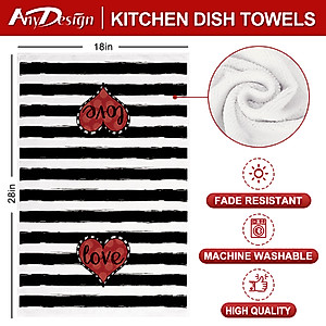 AnyDesign Valentine's Day Kitchen Towel Love Hello Valentine Dish Towel 18 x 28 Inch White Black Stripes Hand Drying Tea Towel for Wedding Anniversary Cooking Baking, Set of 2