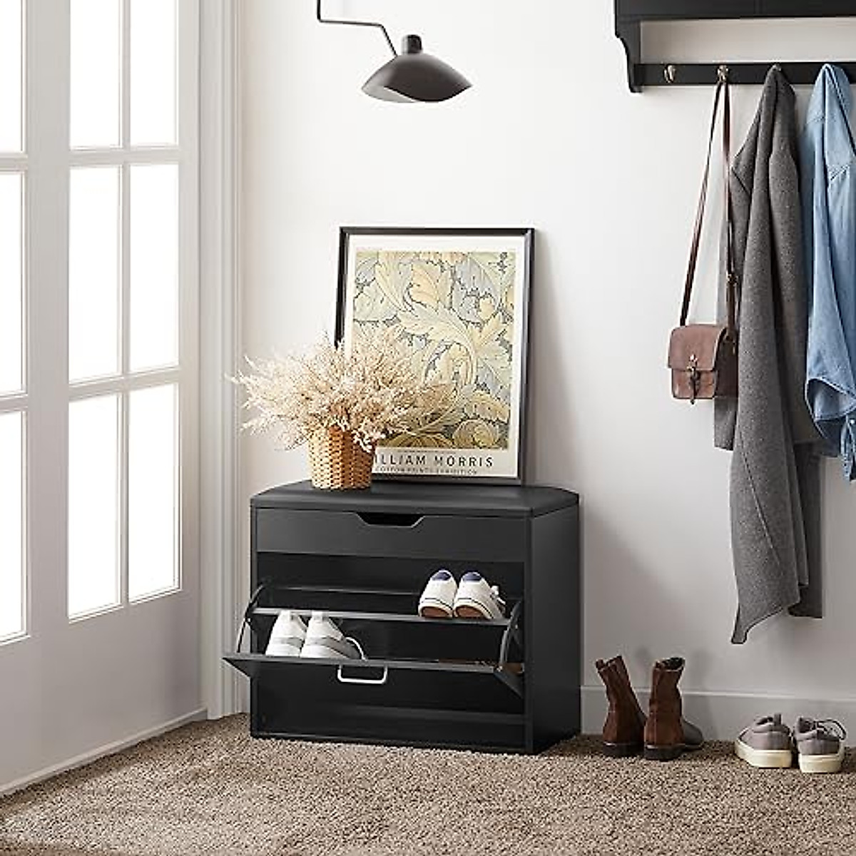 SoBuy Entryway Shoe Bench Shoe Cabinet with Folding Padded Seat & Flip-Drawer, Narrow Shoe Rack, Black, FSR95-SCH