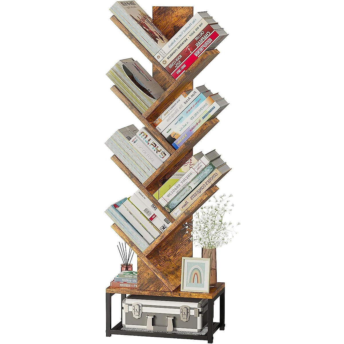 EasyCom Tree Bookshelf Metal Base, 7 Tier Bookcase Storage, Floor Standing Bookshelf Organizer for Movies/CDs/Books, Wood Book Storage Rack for Bedroom/Living Room/Home Office (Brown)