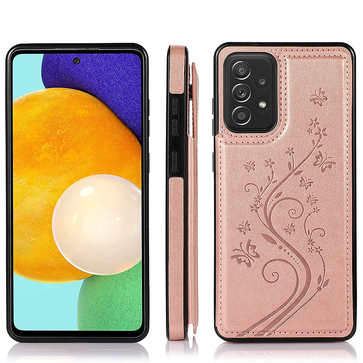 Phone Case for Samsung Galaxy A52 5G/4G with Tempered Glass Screen Protector and Card Holder Wallet Cover Stand Flip Leather Cell Accessories Glaxay A 52 G5 Gaxaly 52A S52 Cases Women Girl Rose Gold