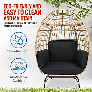 Wicker Rattan Egg Chair, Indoor Outdoor Black Sofa Chair for Patio Backyard and Living Room with 4 Cushions and Powder Coated Steel Frame, Woven Texture Contemporary Ribbed Back Design