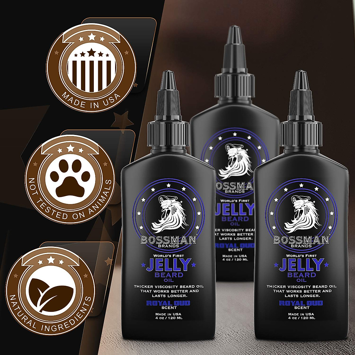 Bossman Jelly Beard Oil - Beard Growth Softener and Moisturizer Care - Larger 4oz, Bottle - 3 Pack Kit - Made in USA (Royal Oud Scent)
