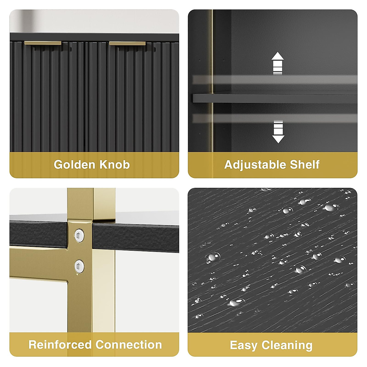 Ladder Bookshelf with Cabinet, 71" Tall Wall Mounted Bookcase with Shelves & Storage, Fluted Ladder Shelf with Metal Frame, 5-Tier Display Rack for Living Room, Home & Office, Bedroom, Black & Gold