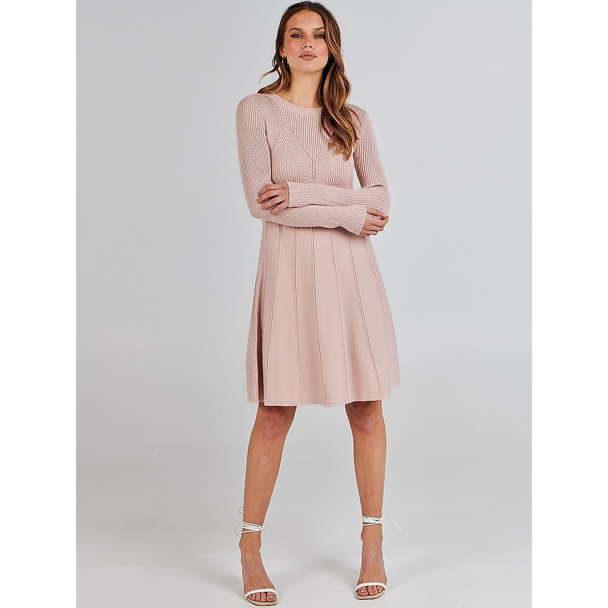 ANRABESS Women Midi Sweater Dress Long Sleeve Crewneck High Waist Casual A-Line Pleated Dresses Pink Small