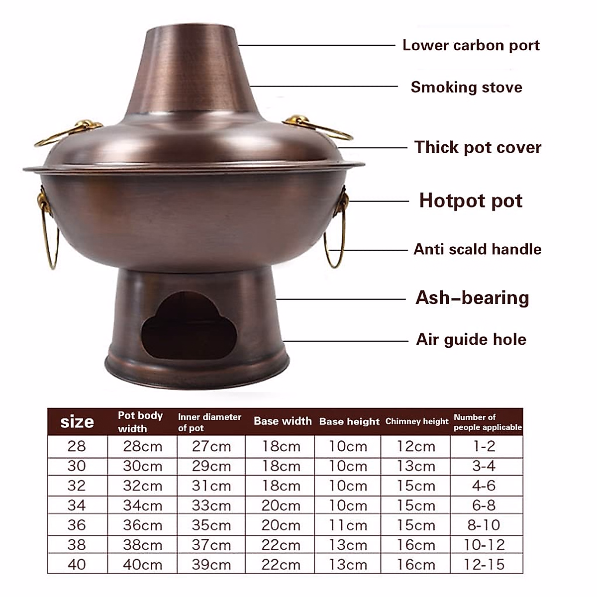 Chafing Dishes Old Beijing Copper Hot Pot,Old Style Full Copper Hot Pot, Charcoal Heating, Suitable for Family Dinner, Friends Gathering, Camping, New Year Gift (Color : Brass, Size : 36cm)