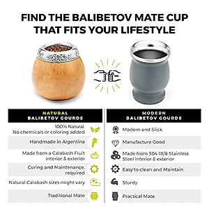 BALIBETOV Yerba Mate Gourd Set (Original Natural Handmade Yerba Mate Cup Argentina) - Includes Mate Tea Cup, Bombilla (Yerba Mate Straw) and Clean Brush - Classic Mate Cup and Bombilla Set (Suela)