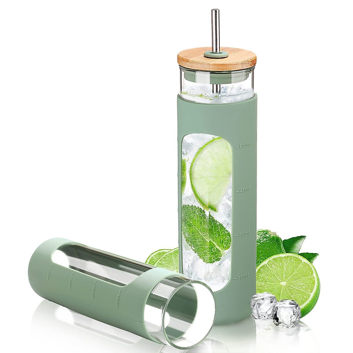 Kodrine 28oz Glass Water Bottles with Straw and Bamboo Lid, Wide Mouth Water Tumbler with Time Marker,Straw Silicone Protective Sleeve BPA FREE-Olive