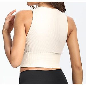 Venbond Women's Sexy Sleeveless Seamless Crop Top Deep Plunge V Neck Ribbed Tank Top with Removable Pads (Light Nude, M)