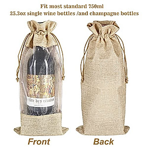 HRX Package 10pcs Burlap Wine Bags with Sheer Window, Hessian Cloth Bottle Gift Bags with Drawstring for Christmas Holiday Wedding Party