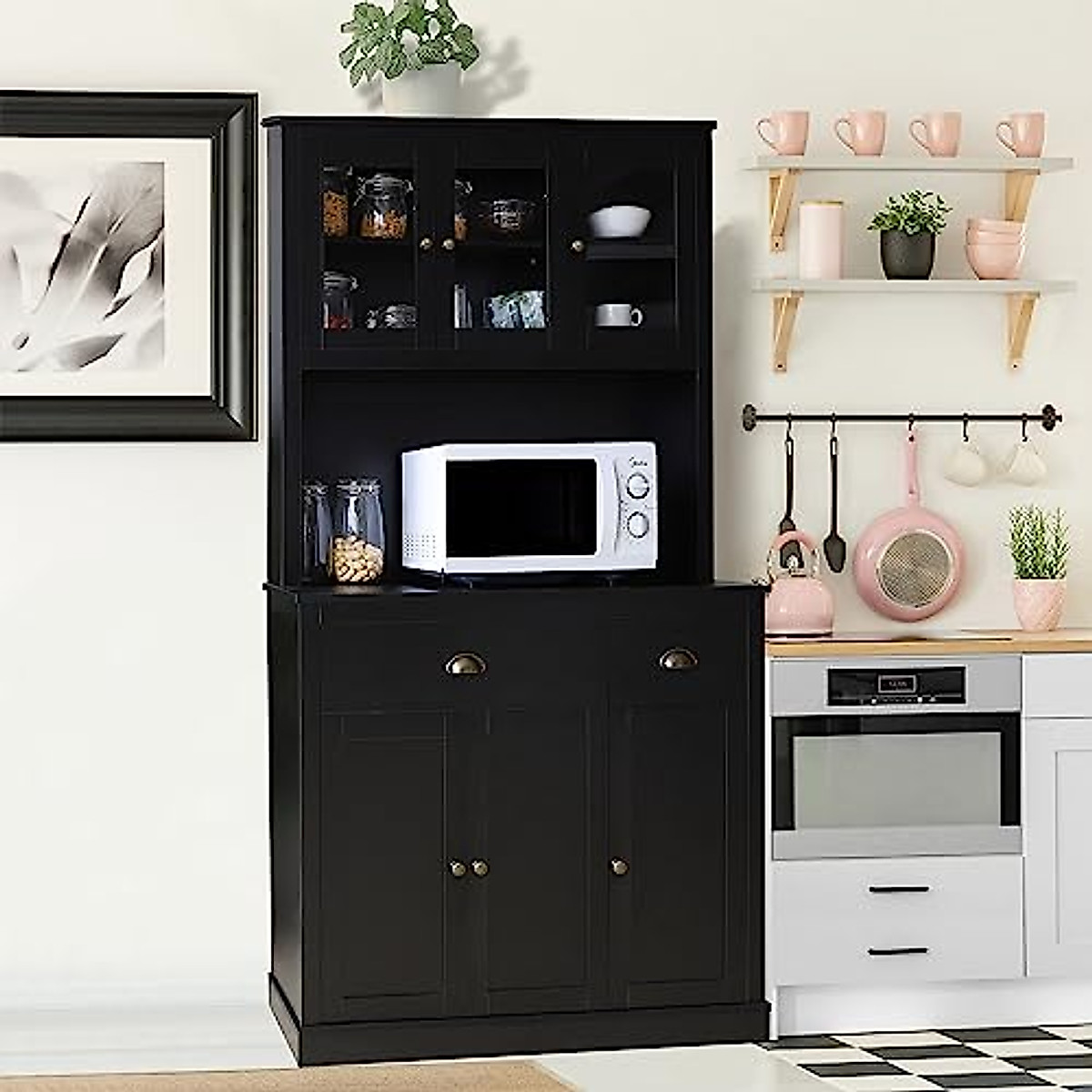 MUPATER Kitchen Pantry Storage Cabinet with Microwave Stand, 71'' Freestanding Hutch Cabinet with Buffet Cupboard, Drawers and Glass Doors for Home Office, Black