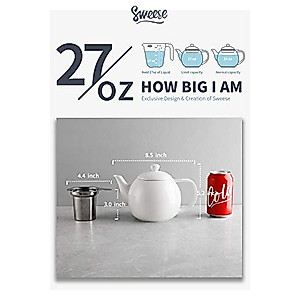Sweese Teapots for Tea, 27 oz Porcelain Tea pot with Removable Stainless Steel Infuser, Tea Pots for Loose Tea - White, 221.101