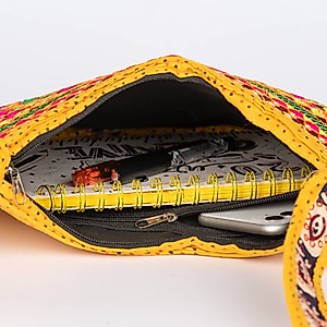 North Creed Crossbody Elephant Flora Embroidery Shoulder Bag, Indian Ethnic Travel Handbag with Zipper Pocket- Yellow