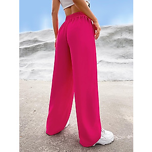 Verdusa Women's Elastic High Waist Solid Straight Leg Pants Casual Long Trousers Hot Pink M