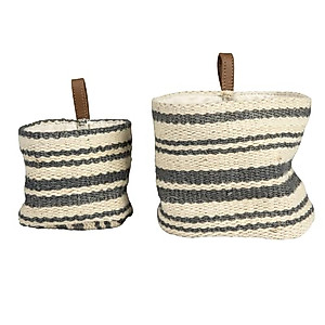 Creative Co-Op DA8007-1 Cream & Blue Striped Jute Wall Baskets with Leather Loops (Set of 2 Sizes), 2 Count
