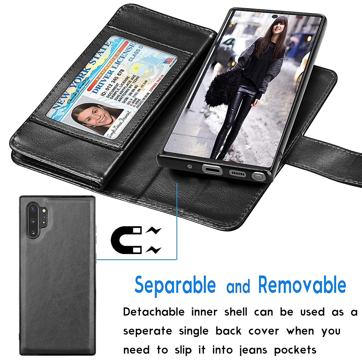 Galaxy Note 10 Plus Case, Galaxy Note 10+ Wallet Case, Luxury Cash Credit Card Slots Holder Carrying Folio Flip PU Leather Cover [Detachable Magnetic Hard Case] Kickstand for Samsung Note10+ [Black]