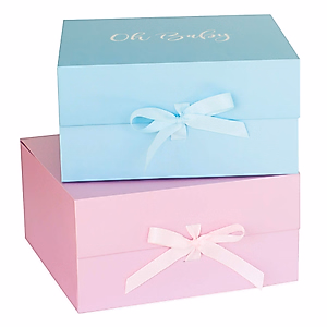 Oh Baby Shower Box with Ribbon & Magnetic Closure - Doubles as Baby Keepsake Boxes with Lids - 12 x 12 x 6 in. Light Pink or Blue Baby Boxes for Baby Shower with 'Oh Baby' in White MJ Green Events