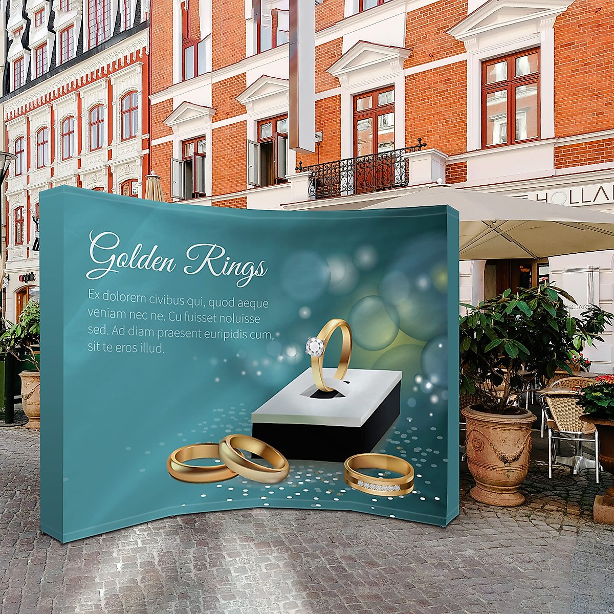 BannerBuzz, Fabric Pop Up Curved Display, Graphic with Hardware, 230 GSM, Polyester Fabric, 17 mm Pole Diameter, 1.4 mm Thick Pole, 1440 DPI Dye Sublimation Printing (10' x 8')