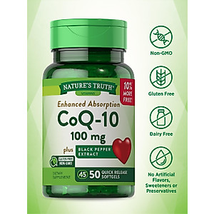 CoQ10 100mg | 50 Softgels | Enhanced Absorption Supplement | Plus Black Pepper Extract | Non-GMO and Gluten Free Formula | by Nature's Truth